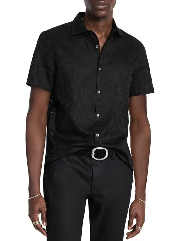 John Varvatos Cotton Lace Jacquard Regular Fit Button Down Shirt - Black