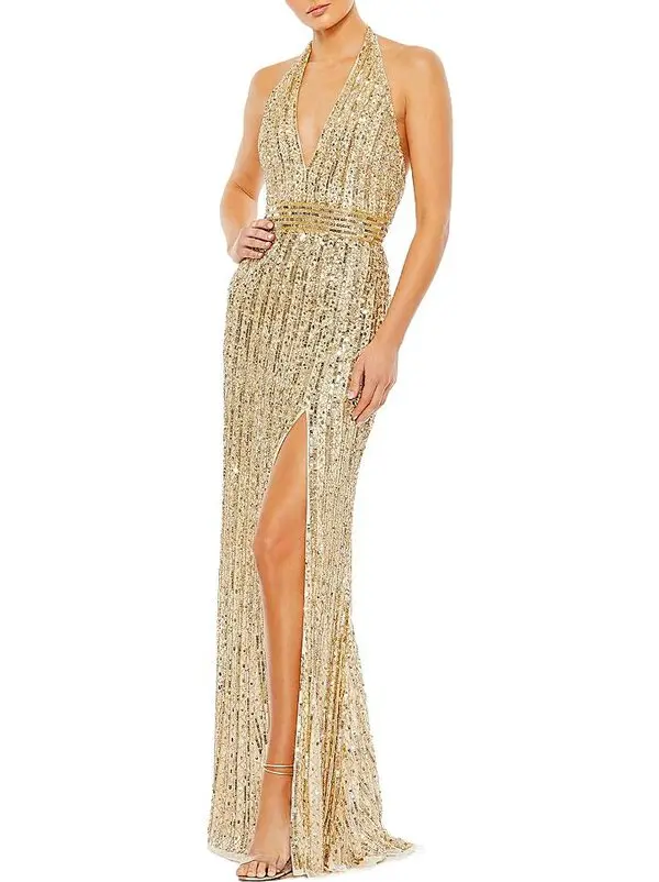 Mac Duggal Sequin Halter Gown - Gold Nude