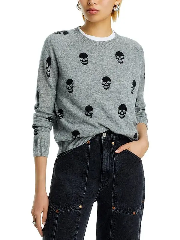 Aqua 100% Cashmere Skull Print Crewneck Sweater - Light Grey/black
