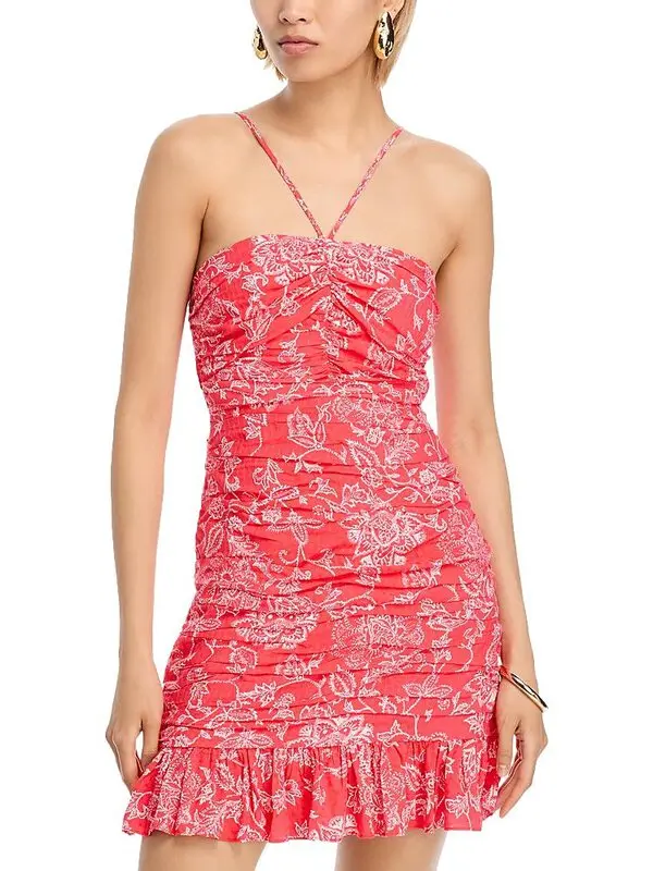 Aqua Ruched Halter Dress - Coral