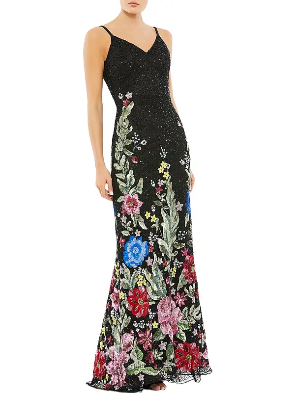 Mac Duggal Sequined Floral Gown - Black Multi