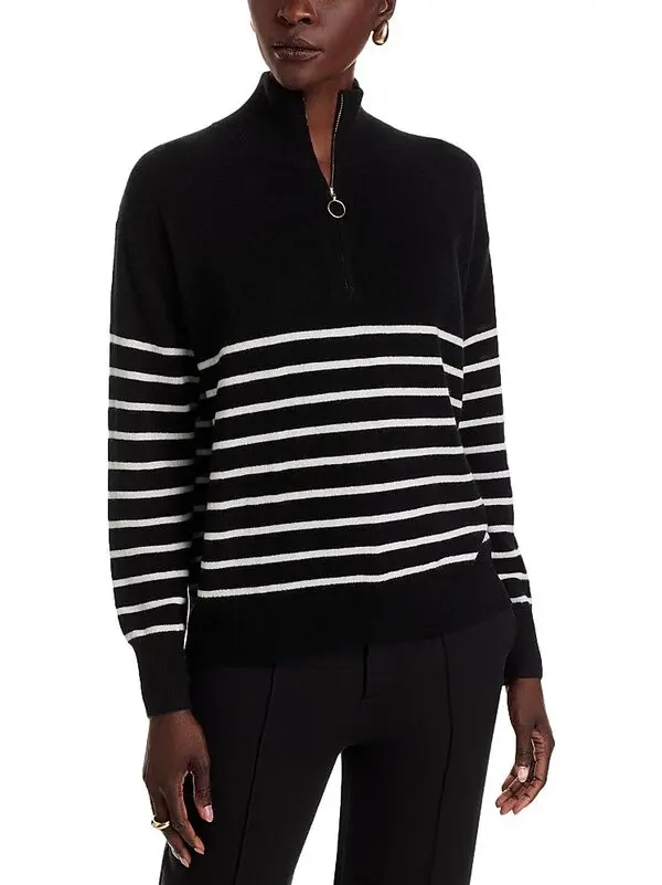 Bloomingdale'S Mock Neck Quarter Zip Striped Sweater - Black/ivory