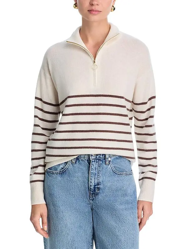 Bloomingdale'S Mock Neck Quarter Zip Striped Sweater - Ivory/cafe