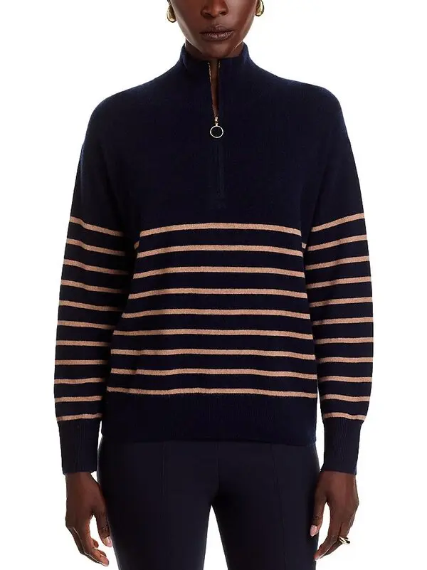 Bloomingdale'S Mock Neck Quarter Zip Striped Sweater - Navy/camel
