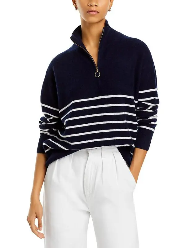 Bloomingdale'S Mock Neck Quarter Zip Striped Sweater - Navy/ivory