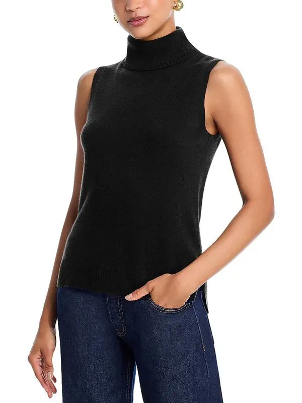 Aqua Cashmere Split Hem Turtleneck Tank - Black