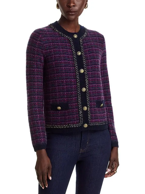 Bloomingdale'S Tweed Crewneck Cardigan - Navy/heather Burgundy/boysenberry