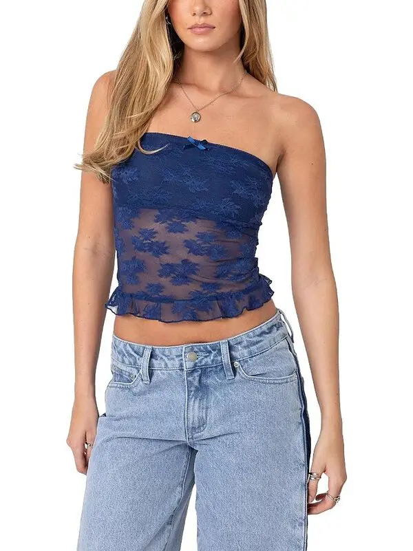 EDIKTED Ballet Sheer Lace Tube Top - Navy