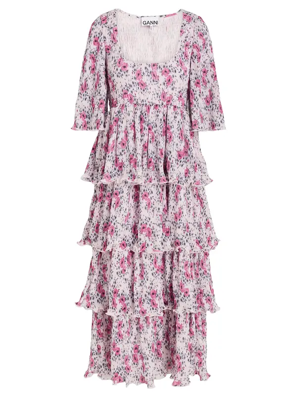 GANNI Tiered Floral-print Crepon Midi Dress - Pastel Pink