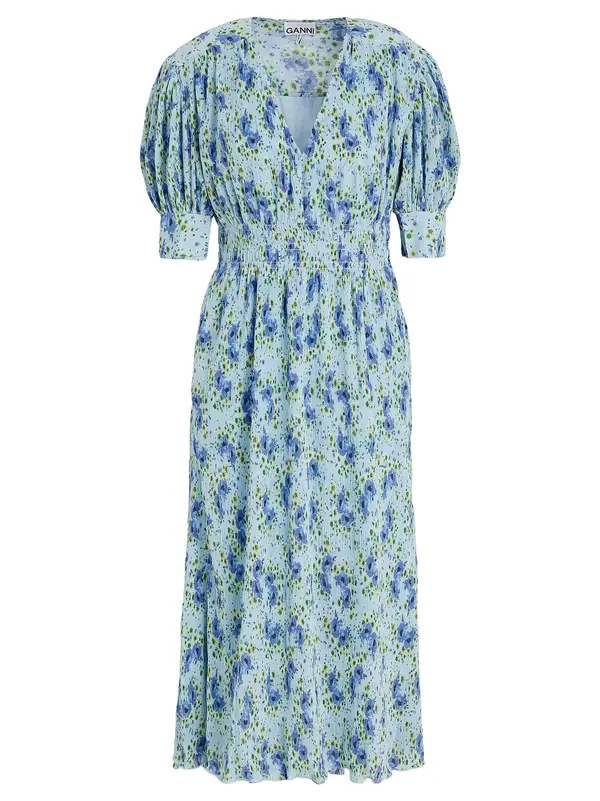 GANNI Shirred Floral-print Crepon Midi Dress - Sky Blue
