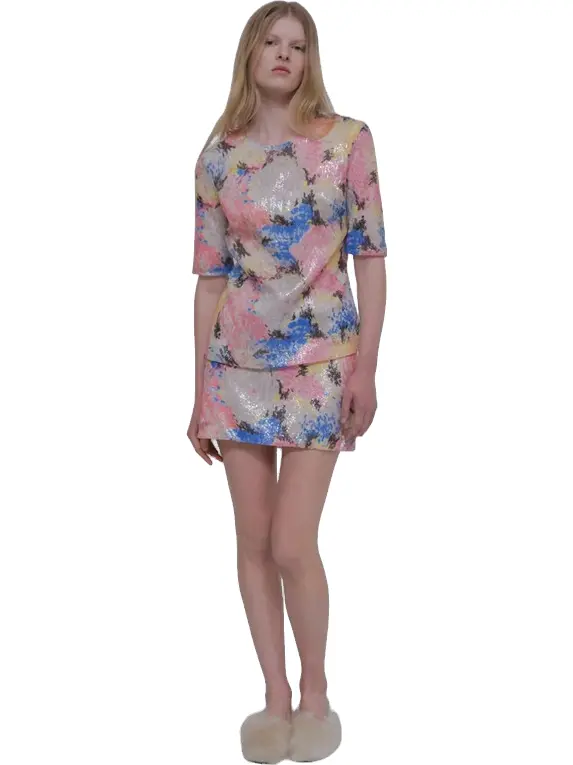 Rosetta Getty Fitted T-shirt Top Painted Floral Sequin Mesh - Stripe