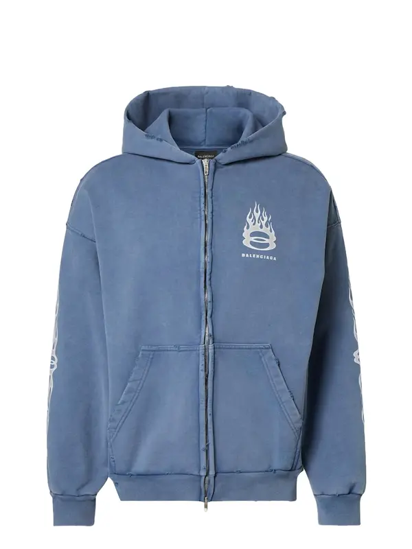 Balenciaga Burning Unity Zip-up Cotton Hoodie - Blue