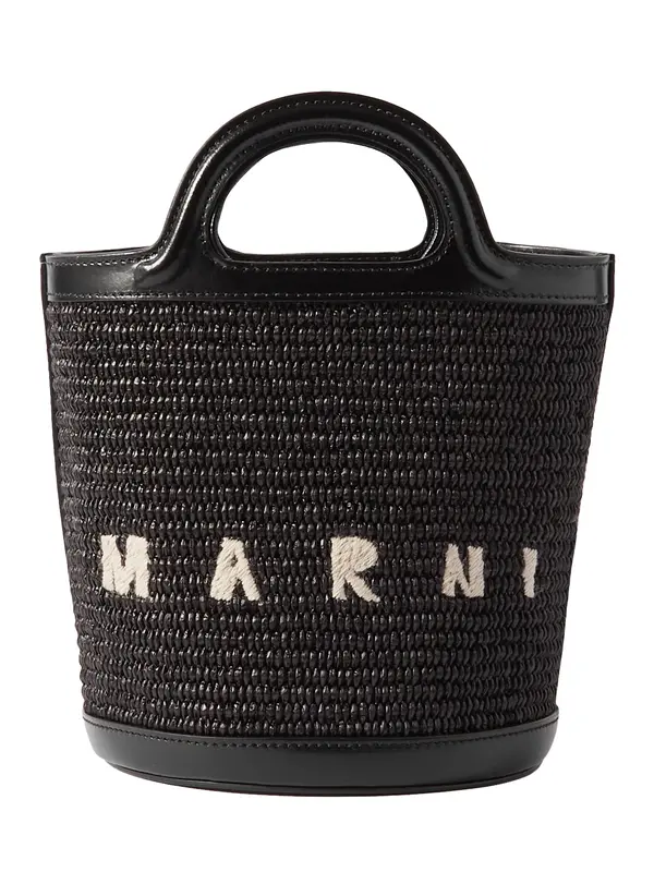 Marni Tropicalia Small Embroidered Raffia Bucket Bag - Black