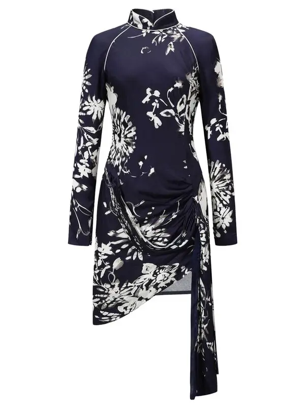 Shanghai Tang Mock Neck Floral Minidress - Blue