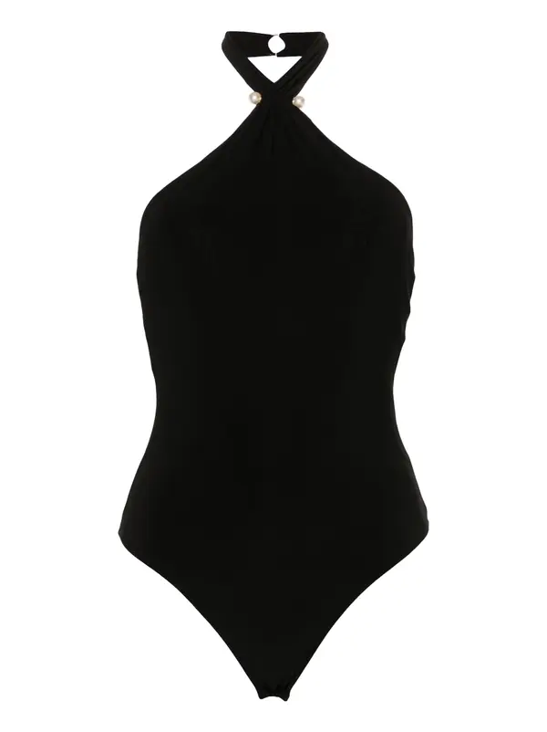 NISSA Faux-pearl Halterneck Bodysuit - Black