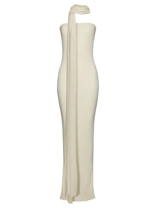 Magda Butrym Knit Tube Strapless Dress With Scarf - Cream