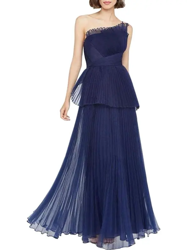 Theia Delphine Pleated Organza A-line Gown - Navy