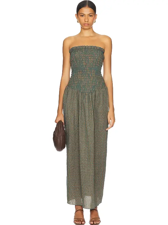 APRES STUDIO Ruched Strapless Maxi Dress - Pine Check