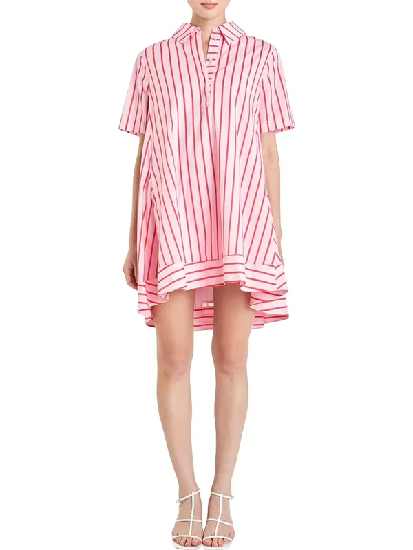 English Factory Stripe Trapeze Cotton Shirtdress - Pink/red