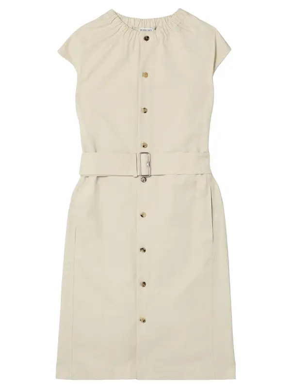 Burberry Belted Gathered Cotton-blend Gabardine Midi Dress - Neutrals