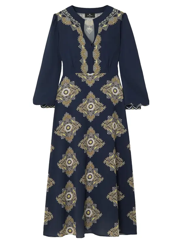 Etro Printed Crepe De Chine Midi Dress - Navy