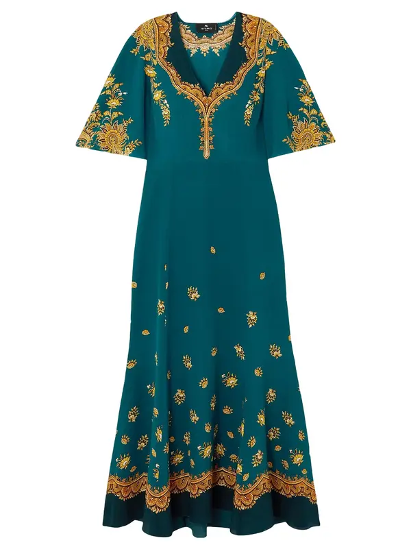 Etro Paisley-print Silk Crepe De Chine Maxi Dress - Petrol