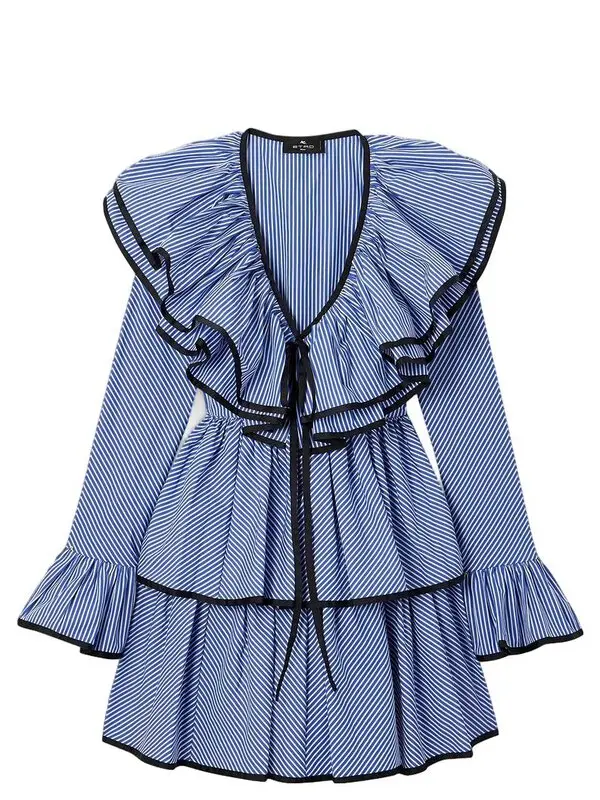 Etro Ruffled Gabardine-trimmed Striped Cotton-poplin Mini Dress - Blue