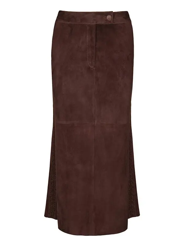 Johanna Ortiz El Buque Embroidered Suede Midi Skirt - Brown