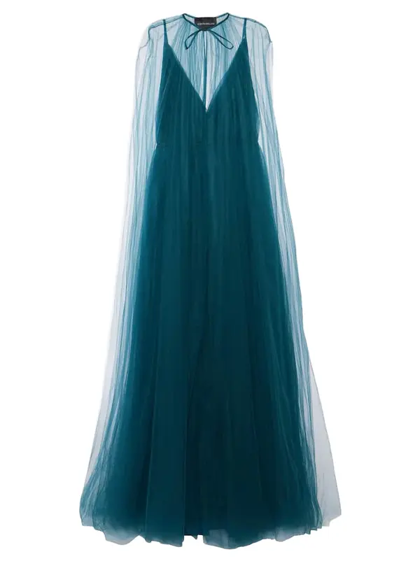 Costarellos Cassandra Caped Tulle Gown - Blue