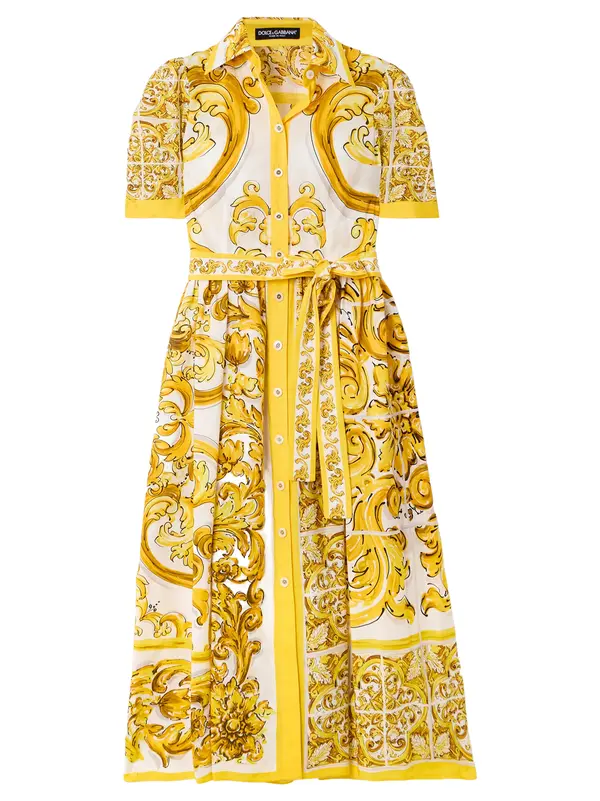 Dolce & Gabbana Maiolica Belted Pleated Printed Cotton-poplin Midi Dress - Yellow