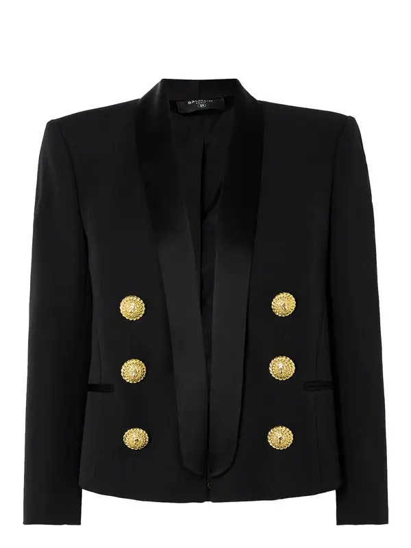 Balmain Embellished Satin-trimmed Grain De Poudre Wool Jacket - Black
