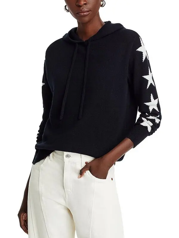 Aqua Cashmere Star Sleeve Hoodie Sweater - Black Ivory