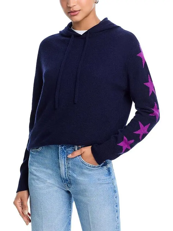 Aqua Cashmere Star Sleeve Hoodie Sweater - Peacoat/purple Twist
