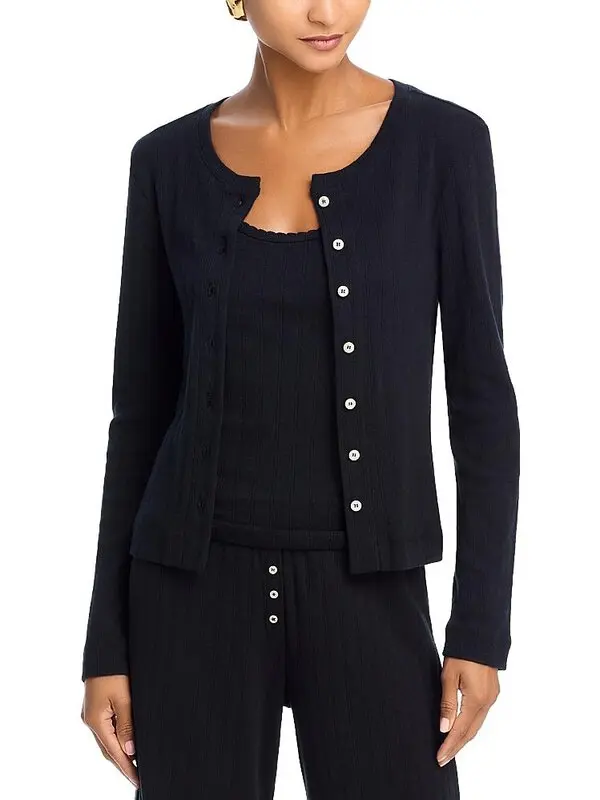 LESET Pointelle Crewneck Cardigan - Black