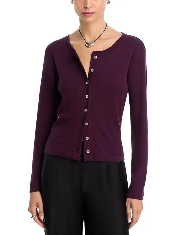 LESET Pointelle Crewneck Cardigan - Dark Berry