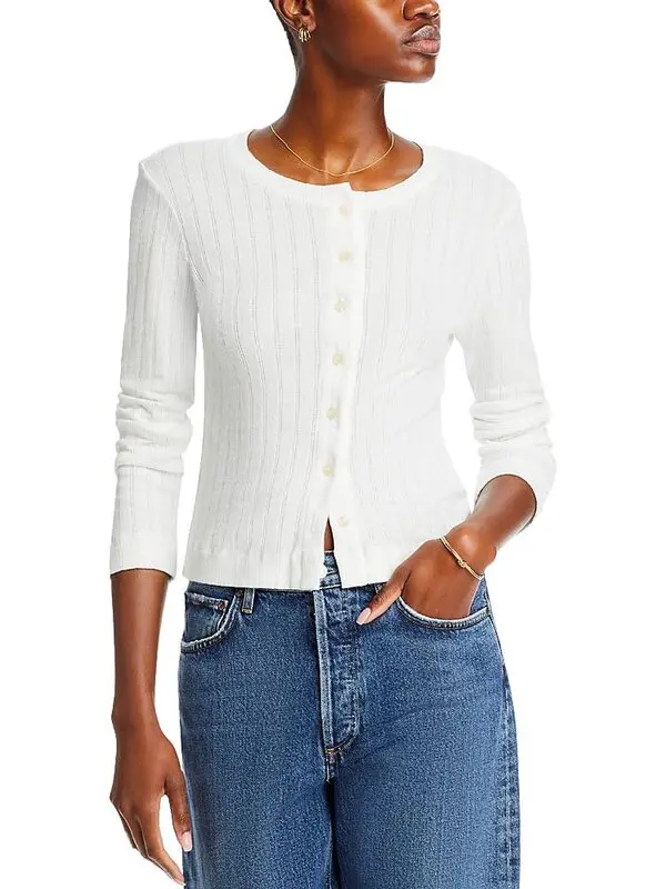LESET Pointelle Crewneck Cardigan - White