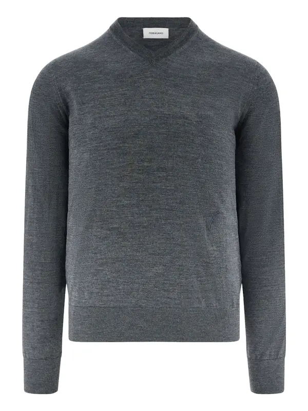 FERRAGAMO V-neck Wool Sweater - Grey