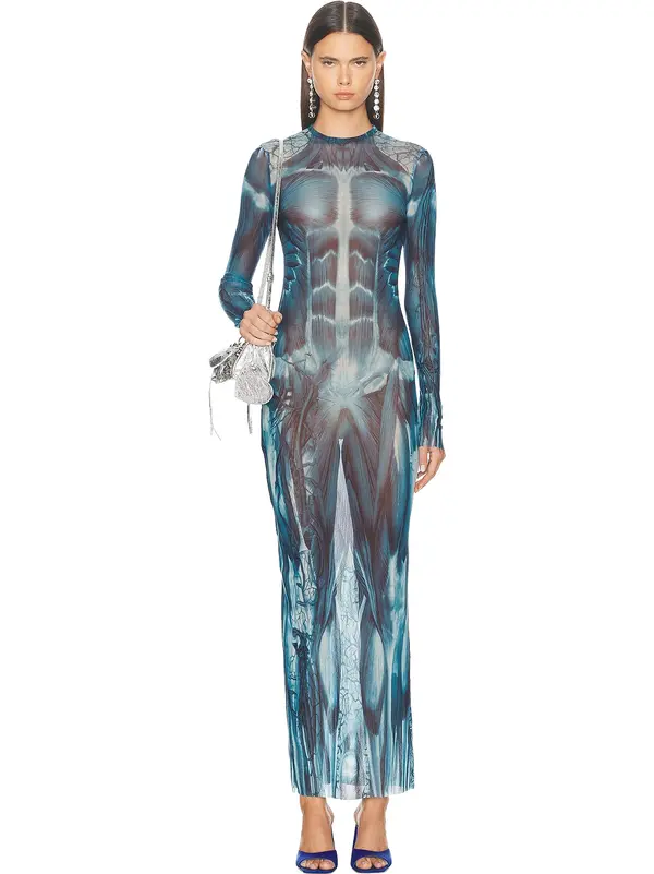Jean Paul Gaultier Ecorche Mesh Long Printed Dress - Blue  Light Blue  & White