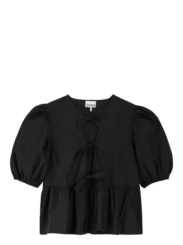 GANNI Tie-front Cotton-poplin Blouse - Black