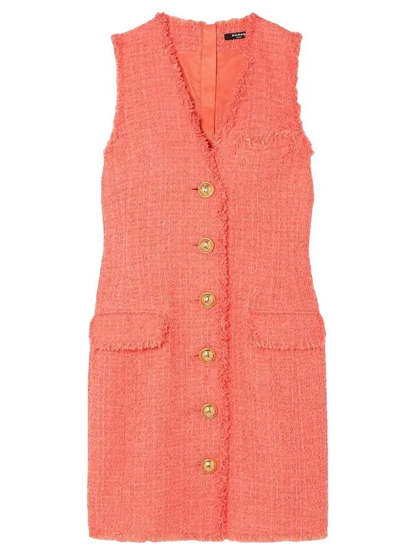 Balmain Button-embellished Tweed Mini Dress - Coral