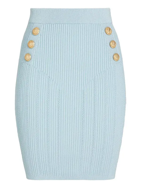 Balmain Button-embellished Ribbed-knit Mini Skirt - Sky Blue