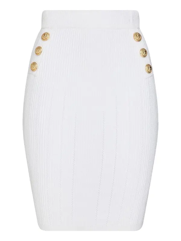 Balmain Button-embellished Ribbed-knit Mini Skirt - White