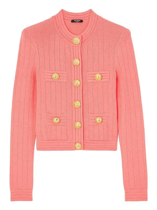 Balmain Button-embellished Pointelle-knit Cardigan - Coral