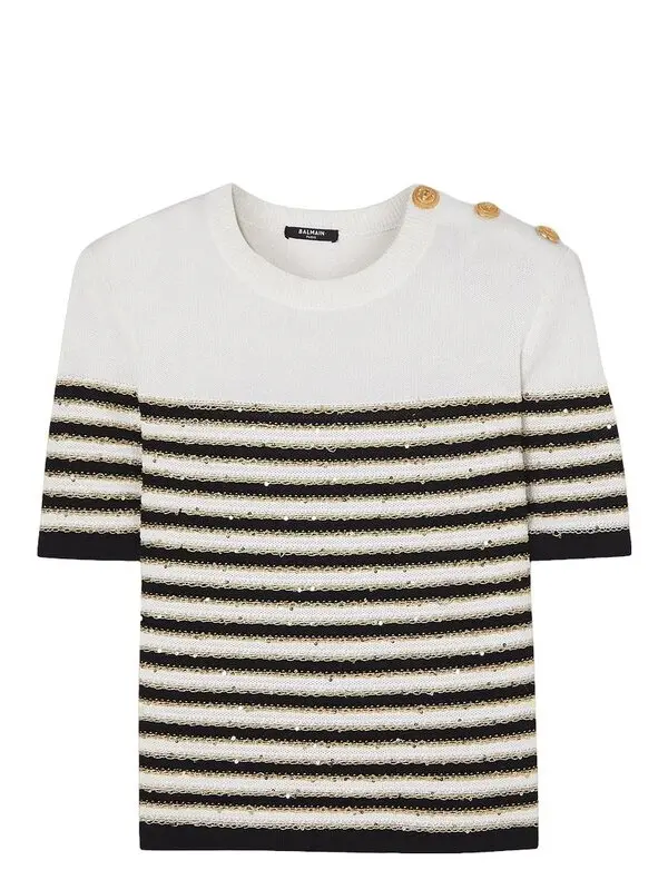 Balmain Button-embellished Metallic Striped Knitted T-shirt - Ivory