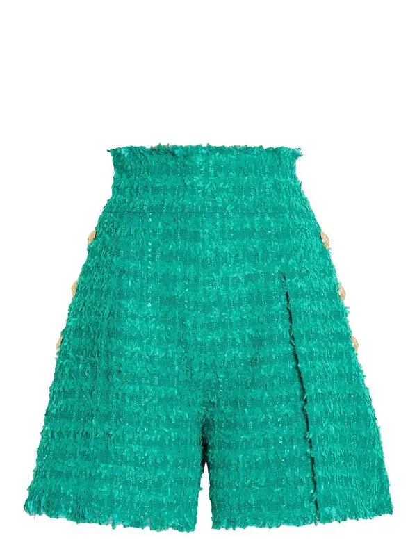 Balmain Frayed Cotton-blend Tweed Shorts - Jade