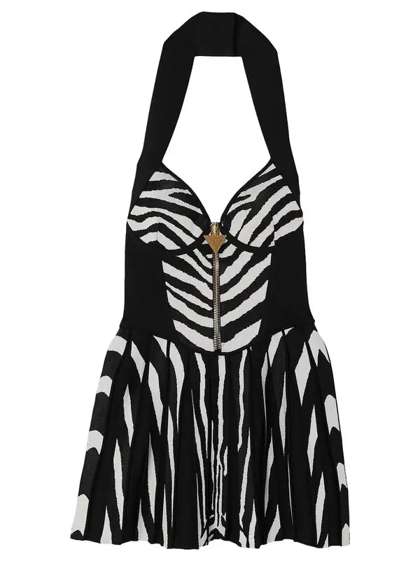 Balmain Zebra Jacquard Knit Mini Dress - Black