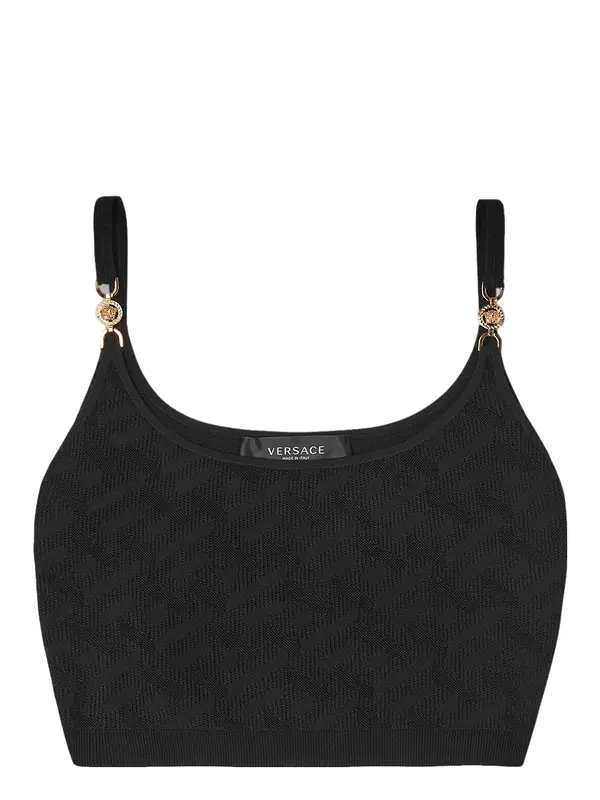 Versace La Greca Cropped Embellished Knit Top - Black