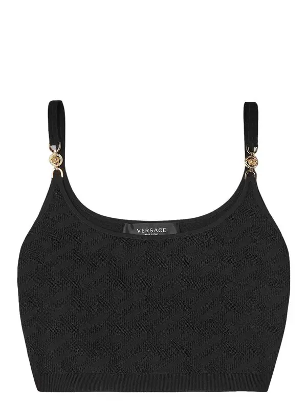 Versace La Greca Cropped Embellished Knit Top - Black