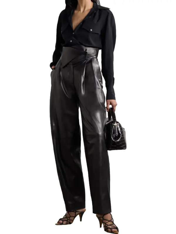 SALON 1884 Rekian Pleated Tapered Leather Pants - Black
