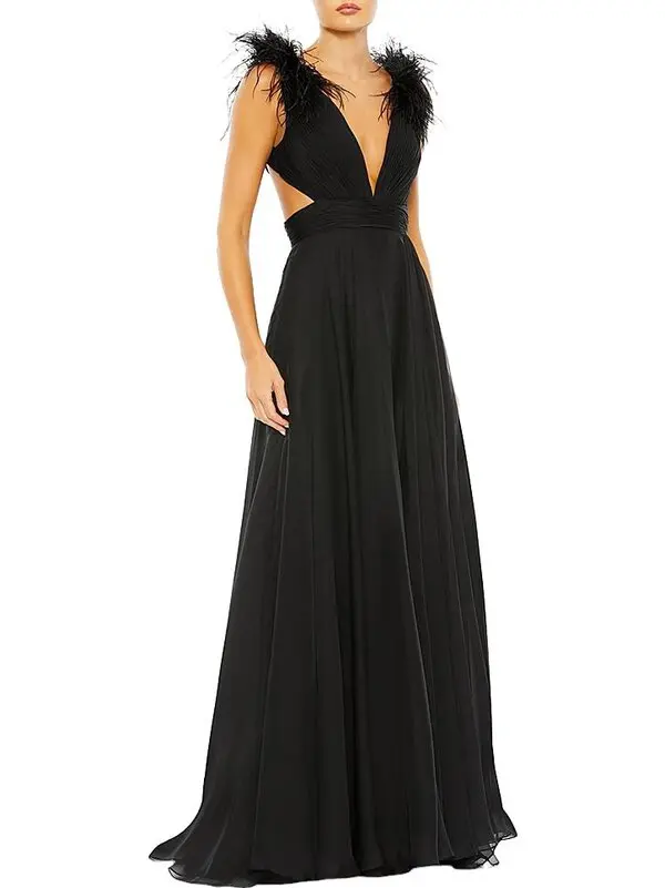 Mac Duggal Ieena Feather Cut Out Long Dress - Black